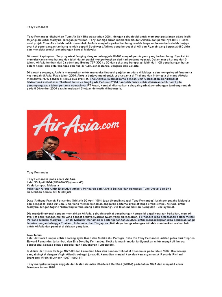 Tony Fernandes dan Revolusi AirAsia | PDF | Pengelolaan Keuangan & Uang ...
