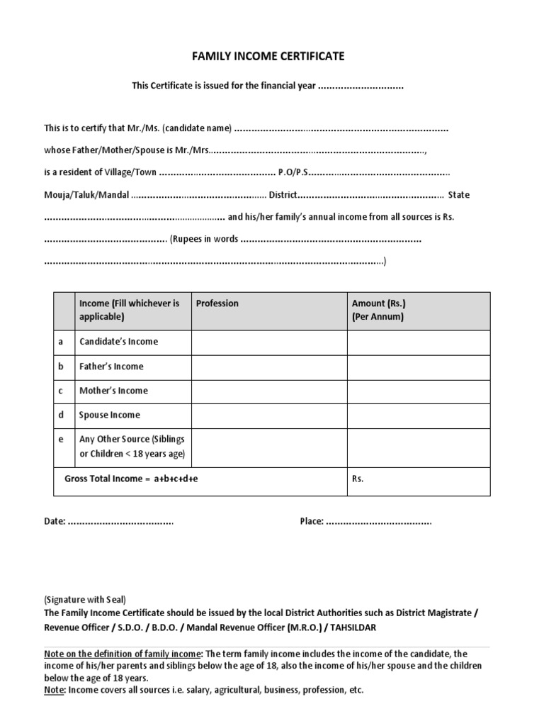 Format Family Income Certificate | PDF