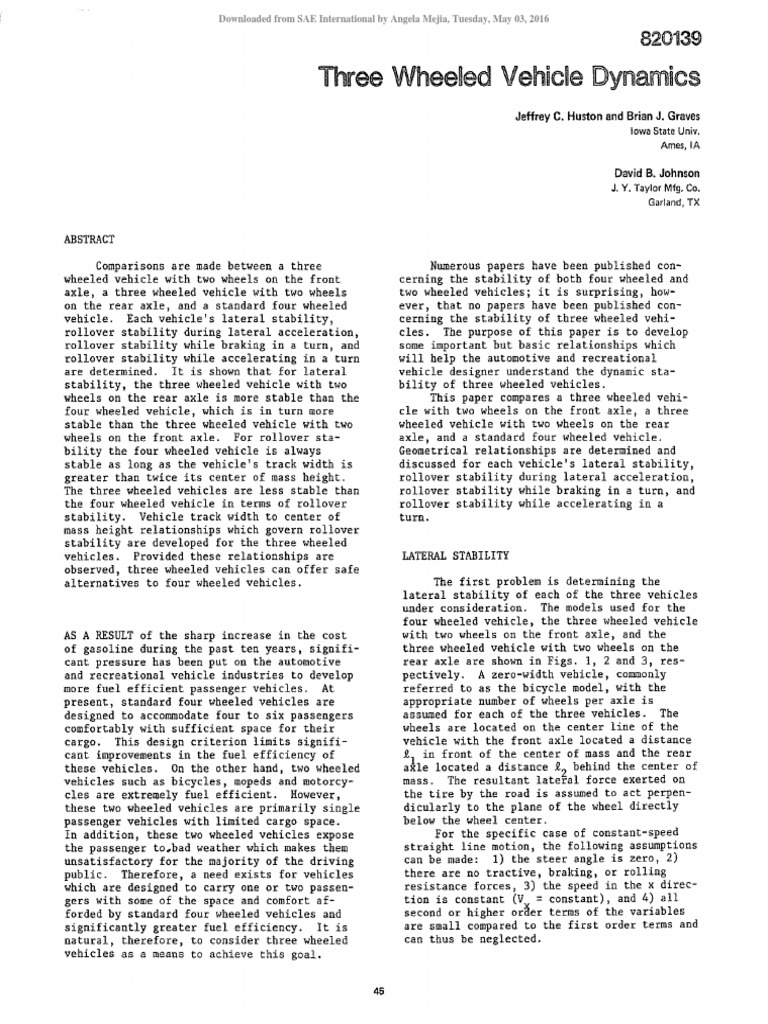 Three Wheels Vehicle Dynamics | PDF | Axle | Vehicle Technology