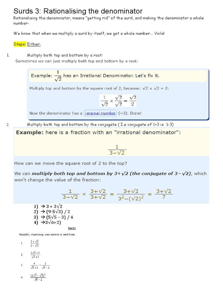 Surds 3: Rationalising The Denominator | PDF