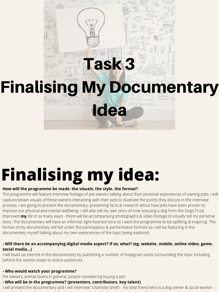 Finalising Documentary Ideas | PDF | Pet | Documentary Film