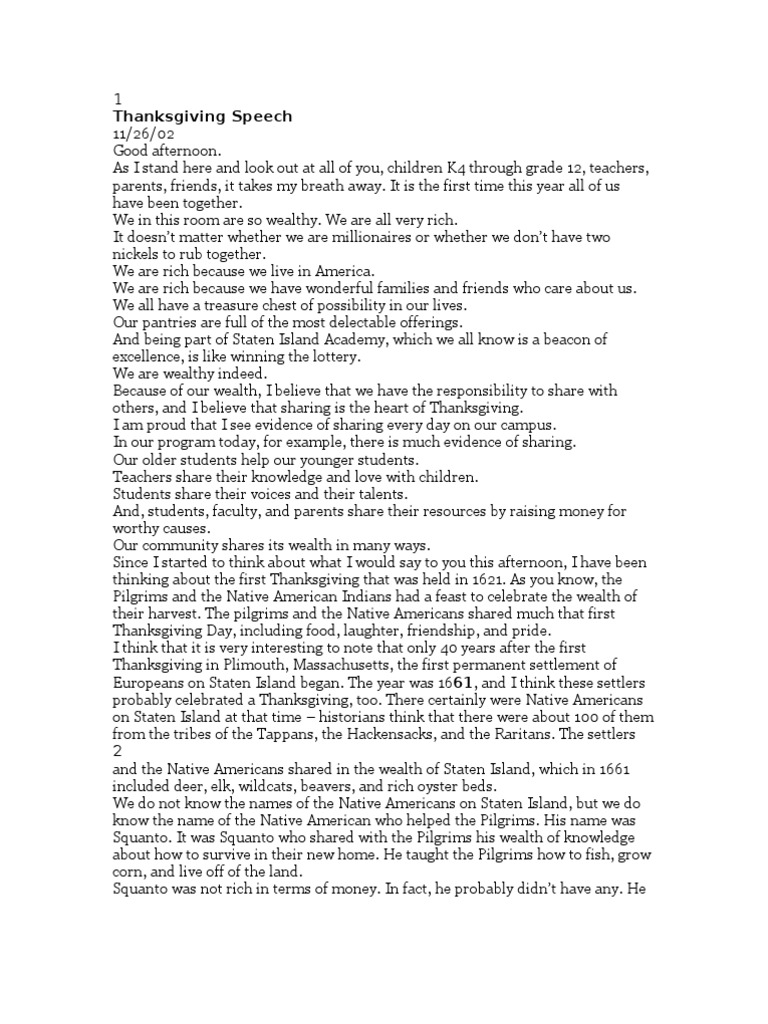 Thanks Giving Speech | PDF | Thanksgiving | Plymouth Colony