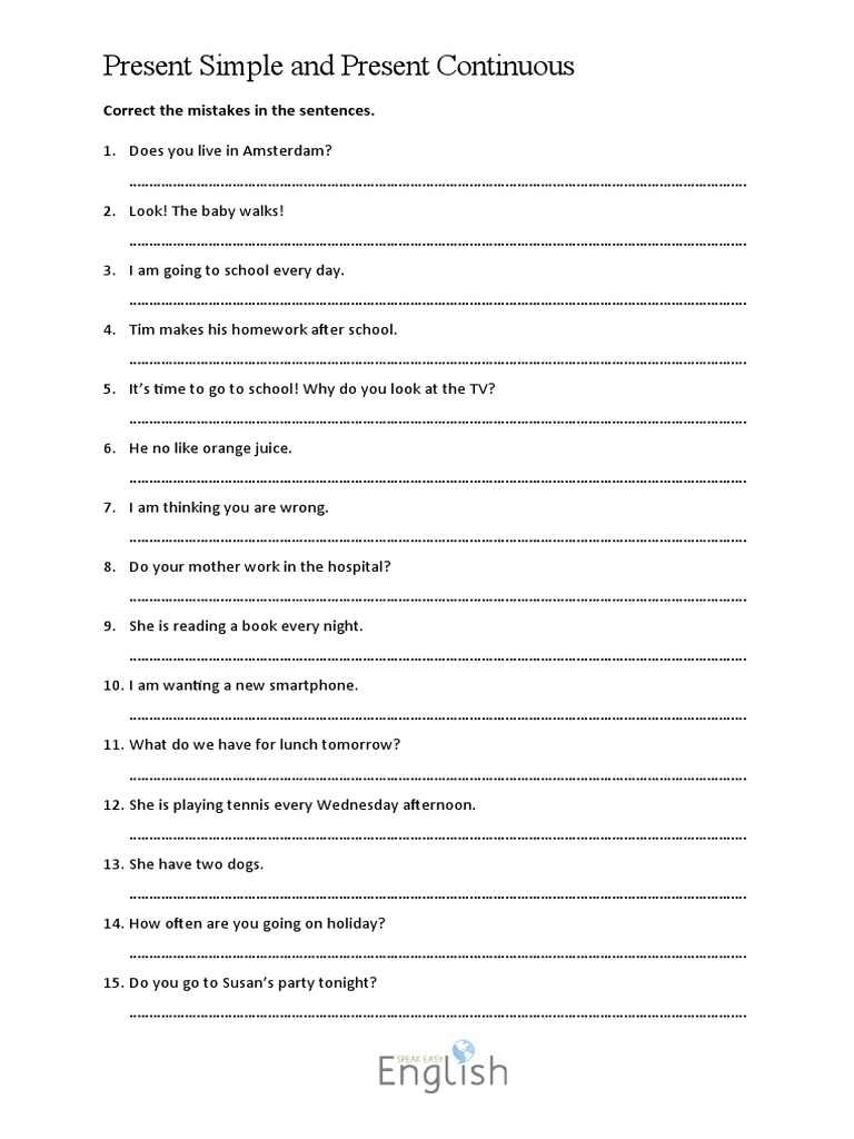 Present Simple and Present Continuous: Correct The Mistakes in The ...