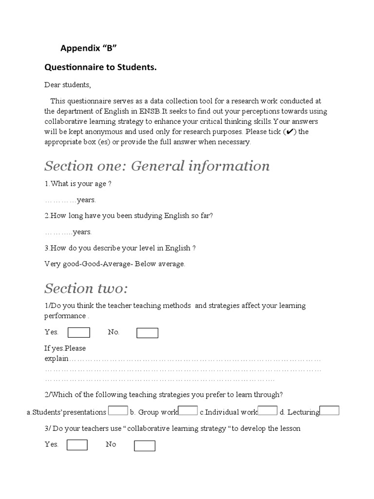 Collaborative Learning Questionnaire | PDF | Critical Thinking ...