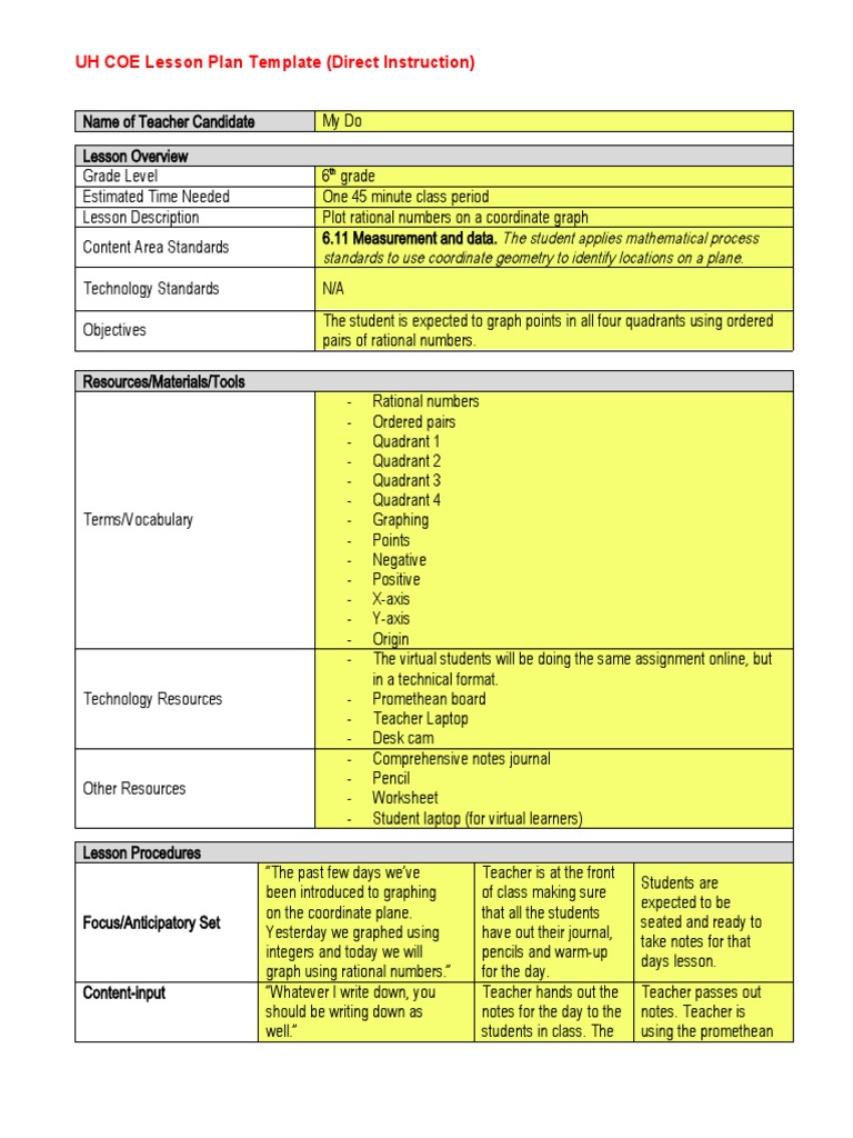 UH COE Lesson Plan Template (Direct Instruction) | Download Free PDF ...