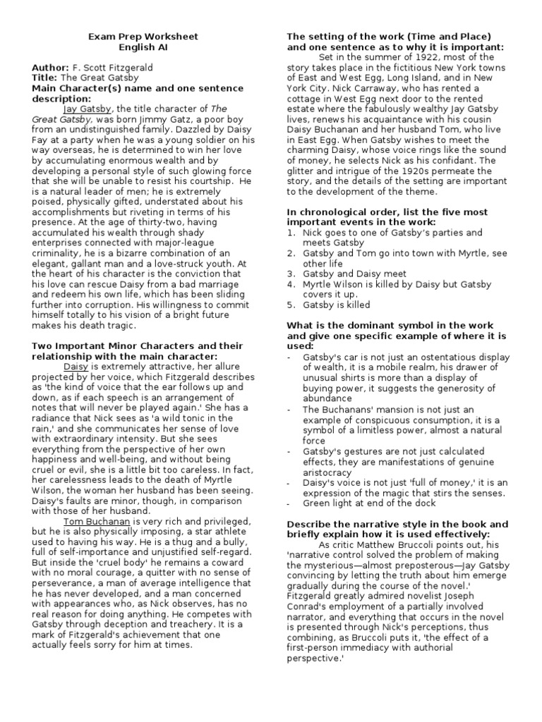 Exam Prep Worksheet - The Great Gatsby | PDF | The Great Gatsby