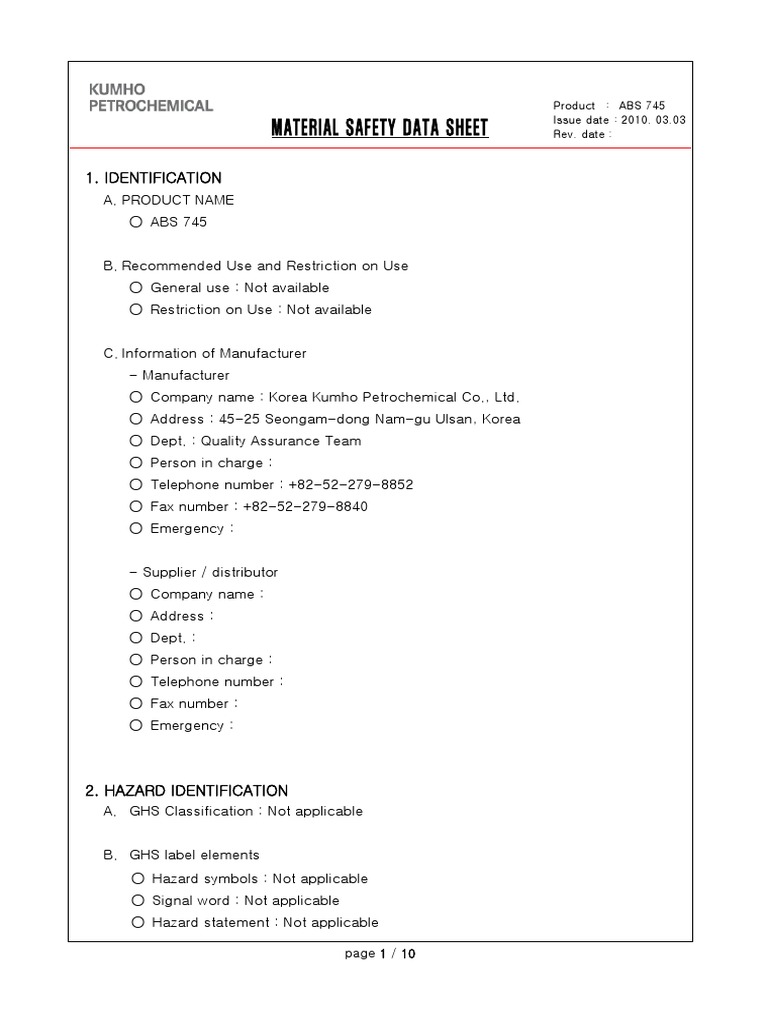 Material Safety Data Sheet: 1. Identification | Download Free PDF ...