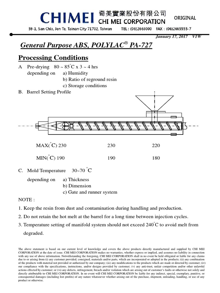 General Purpose ABS, POLYLAC PA-727: Processing Conditions | PDF | Private Law | Business Law