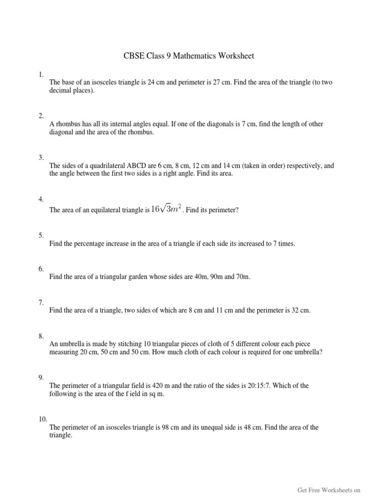 CBSE Class 9 Mathematics Worksheet | PDF | Area | Triangle