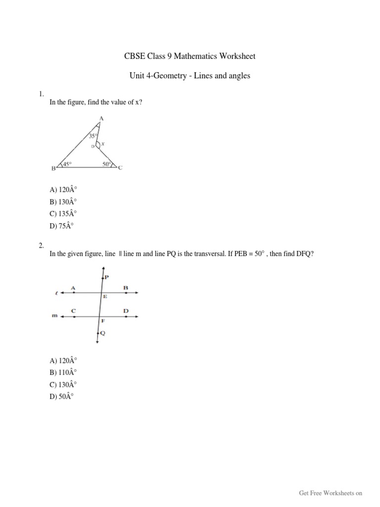 Lines and Angles CBSE Class 9 Worksheet | Download Free PDF | Triangle ...