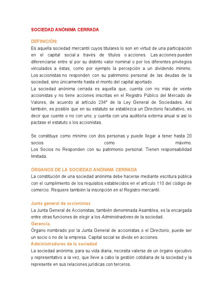 Características de la Sociedad Anónima Cerrada | PDF | Sociedad de ...