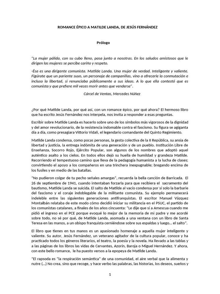 Jesús Fernández - Prólogo Al ROMANCE ÉPICO A MATILDE LANDA | PDF ...