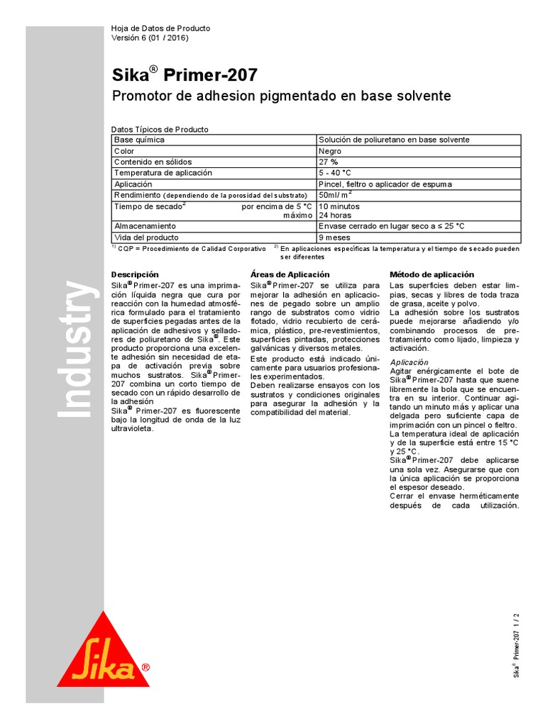 Sika - Primer-207 - e - v6 - 01-16 (Datos) | PDF | Lentes | Poliuretano