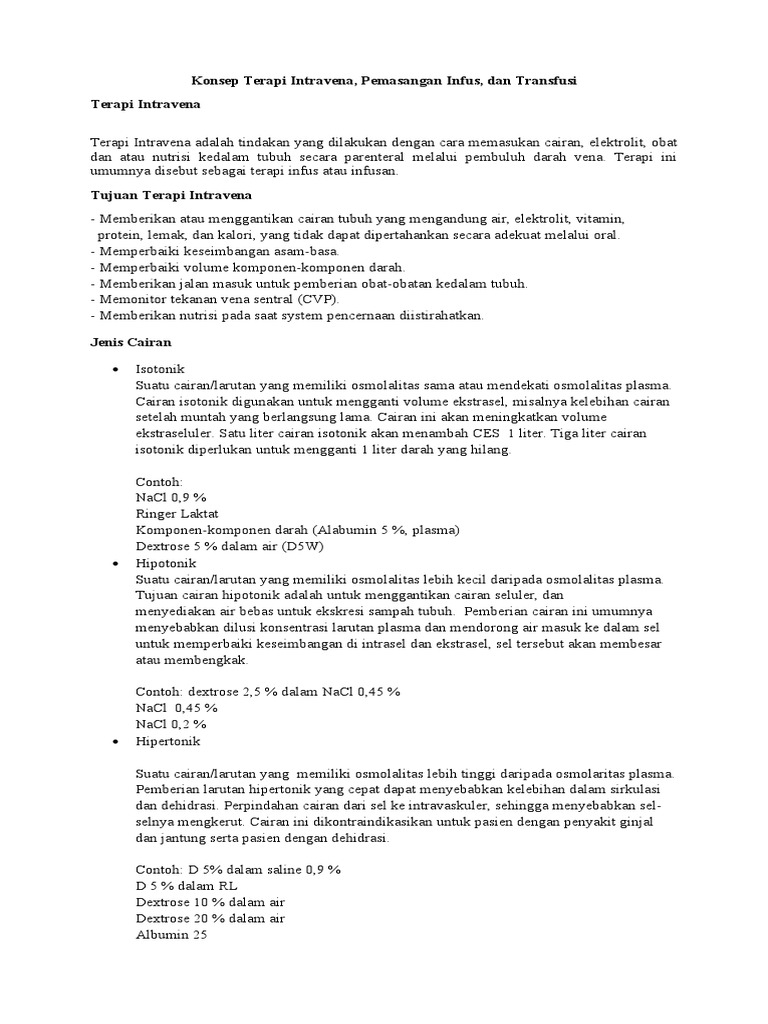 Konsep Terapi Intravena, Pemasangan Infus, Dan Transfusi | PDF