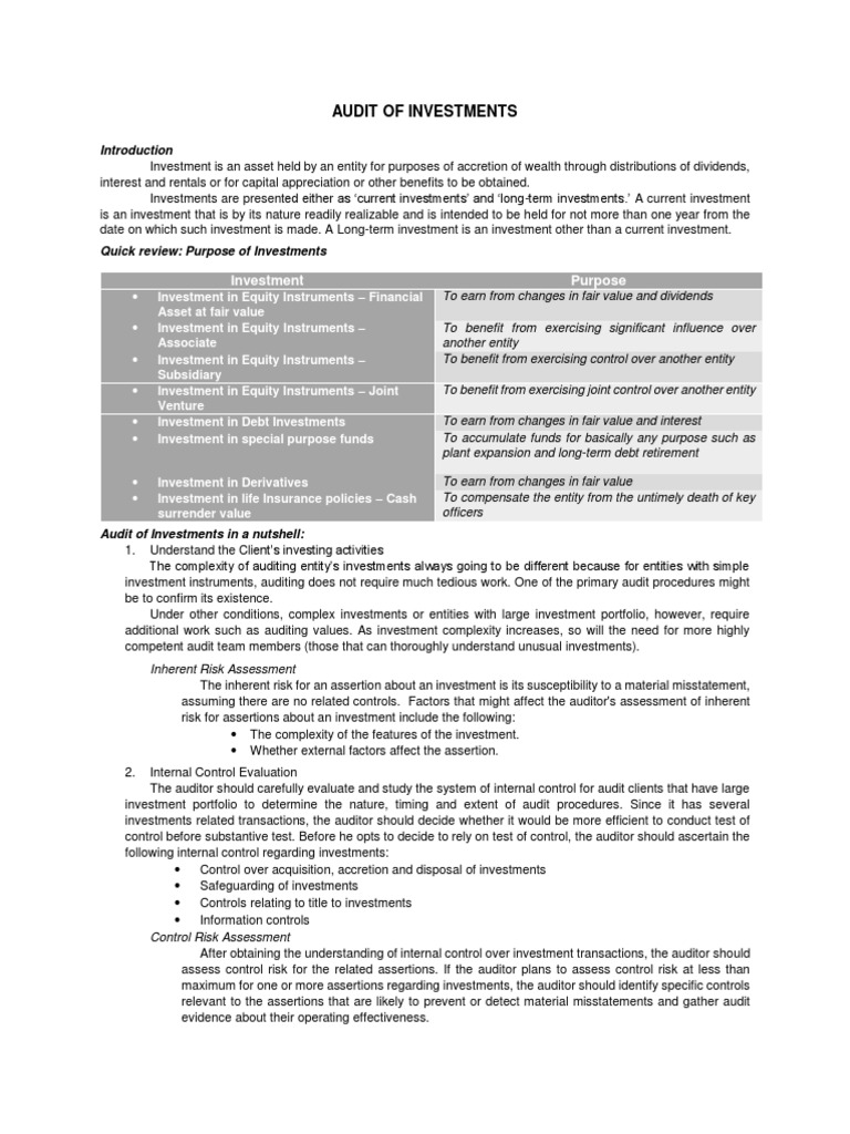 Audit of Investments: Investment Purpose | PDF | Internal Control | Audit