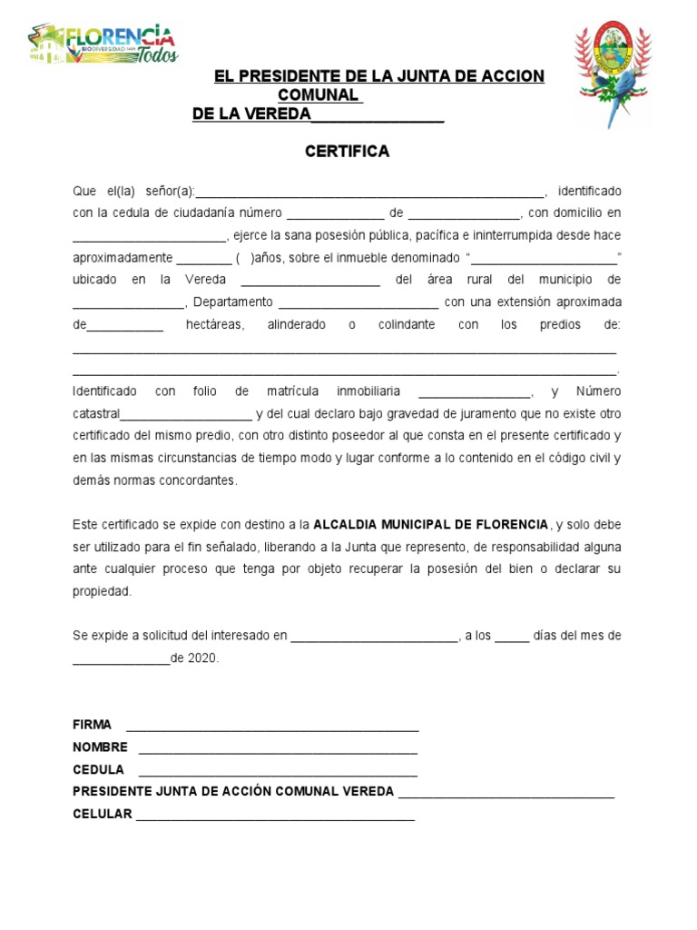 Certificado Sana Posesion Junta Comunal | PDF