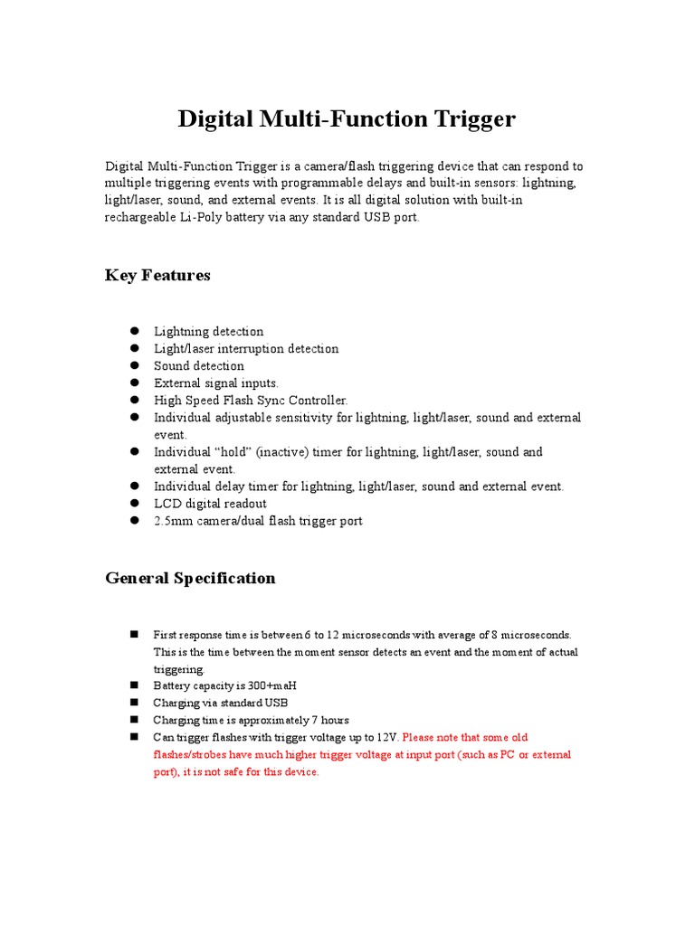 Digital Multi-Function Trigger: Key Features | PDF | Flash (Photography ...