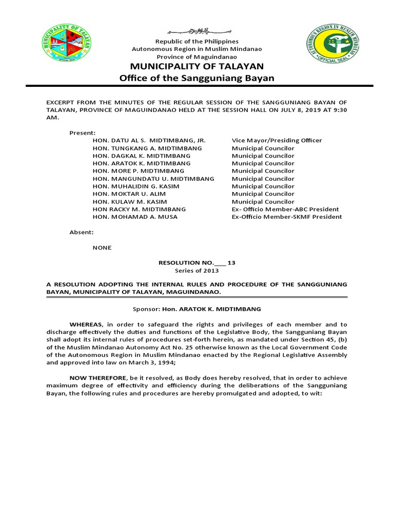 Municipality of Talayan Office of The Sangguniang Bayan | PDF | Quorum ...