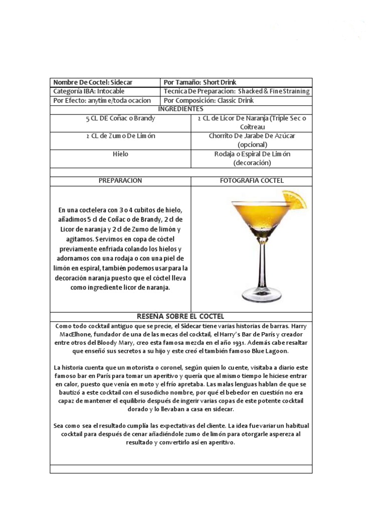 Ejemplo Ficha Tecnica de Bebidas y Cocteles | PDF | Cócteles | Barman