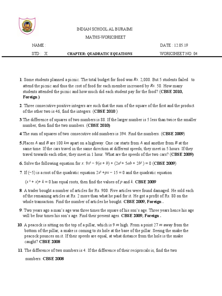 Indian School Al Buraimi Maths-Worksheet Name: DATE: 12.05.19 STD: X ...
