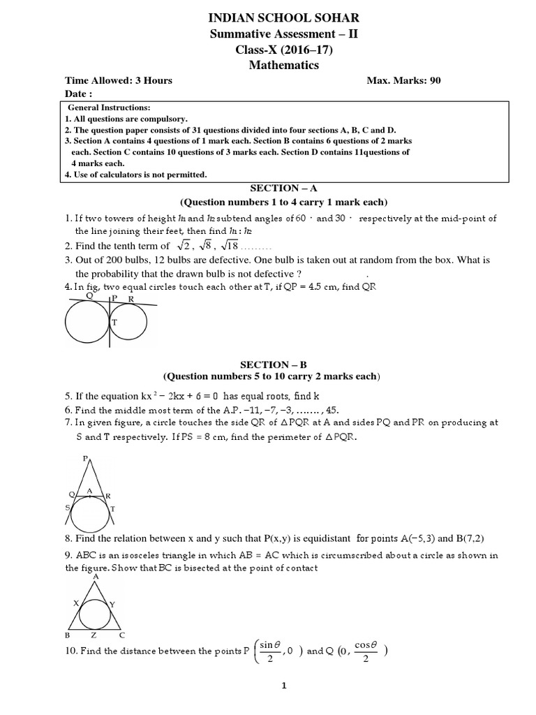 Indian School Sohar Maths Class 10 Question Paper | PDF | Circle | Area