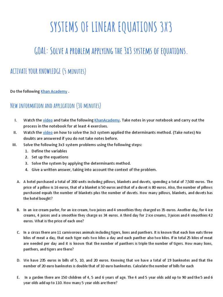 GOAL: Solve A Problem Applying The 3x3 Systems of Equations | PDF ...