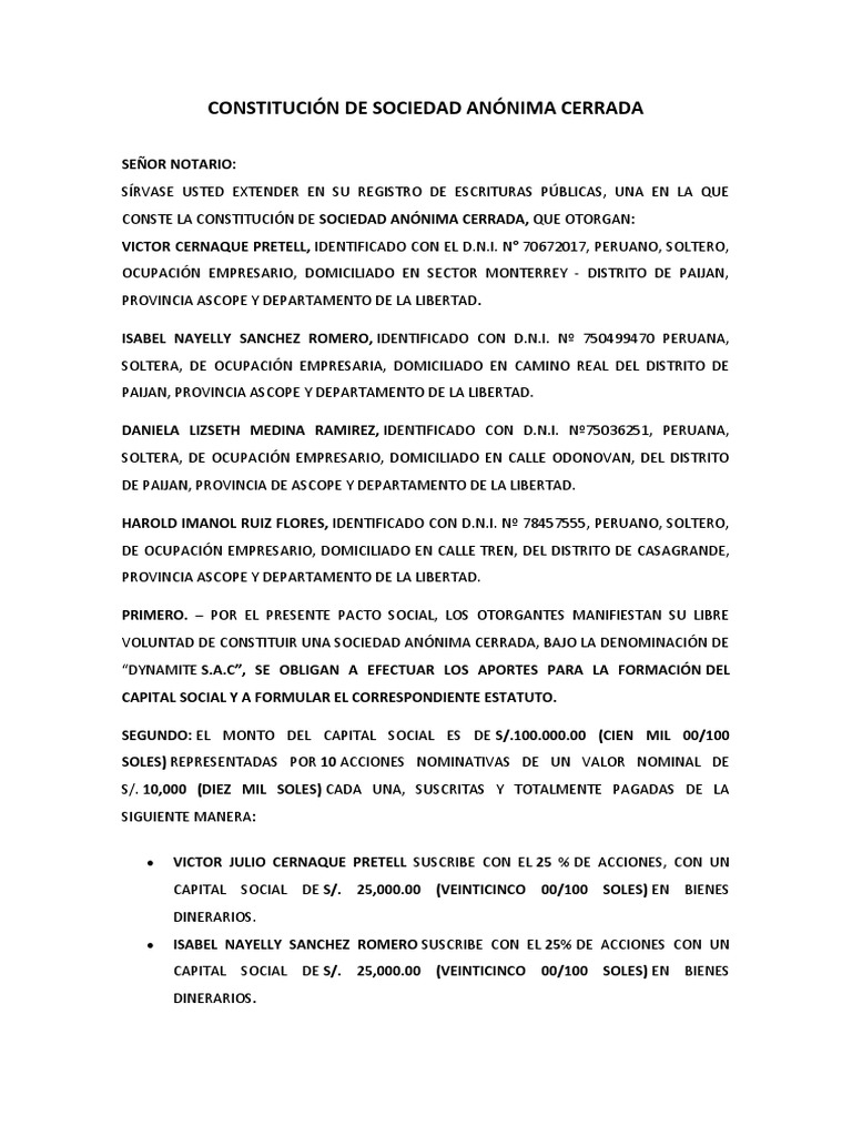 Constitución de Sociedad Anónima Cerrada | PDF | Derecho Corporativo | Empresas