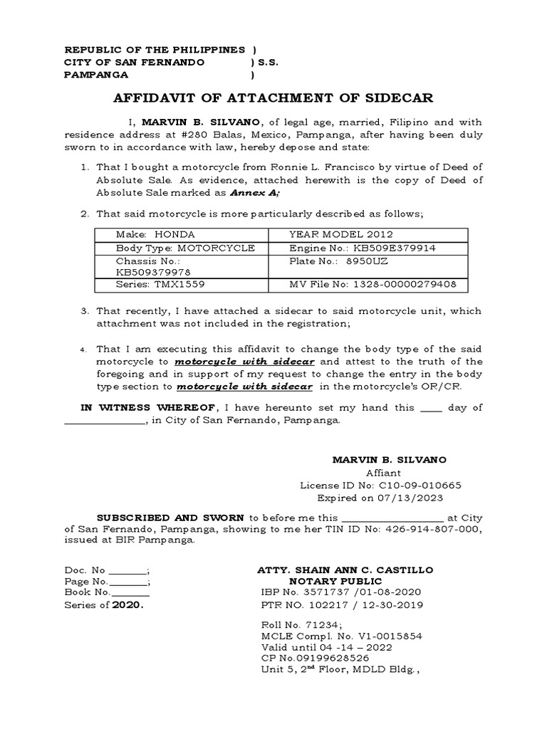 Affidavit of Attached Sidecar | PDF