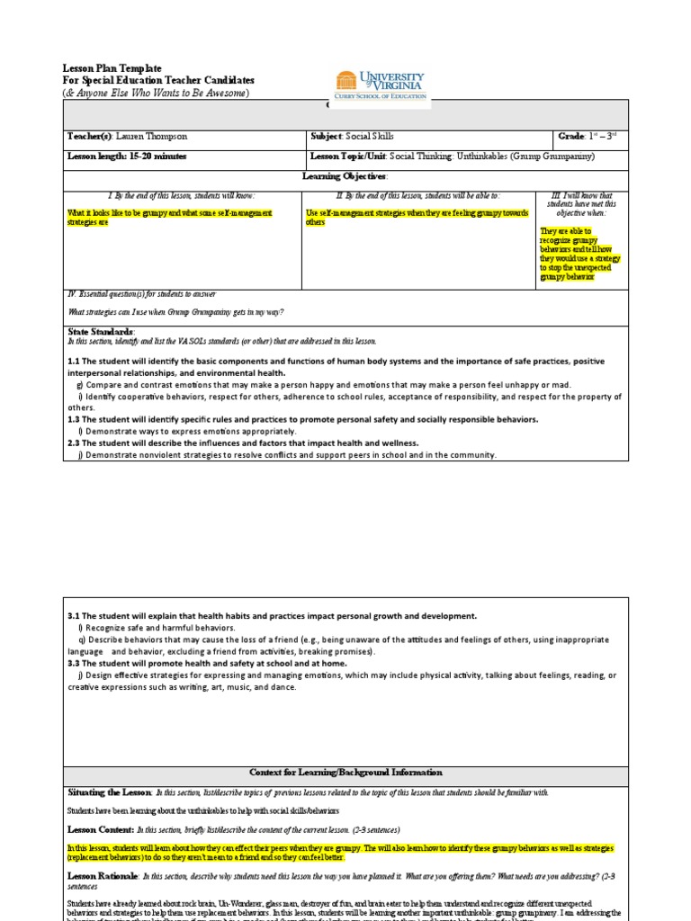 Social Thinking: Grump Grumpaniny Lesson | PDF | Educational Assessment ...