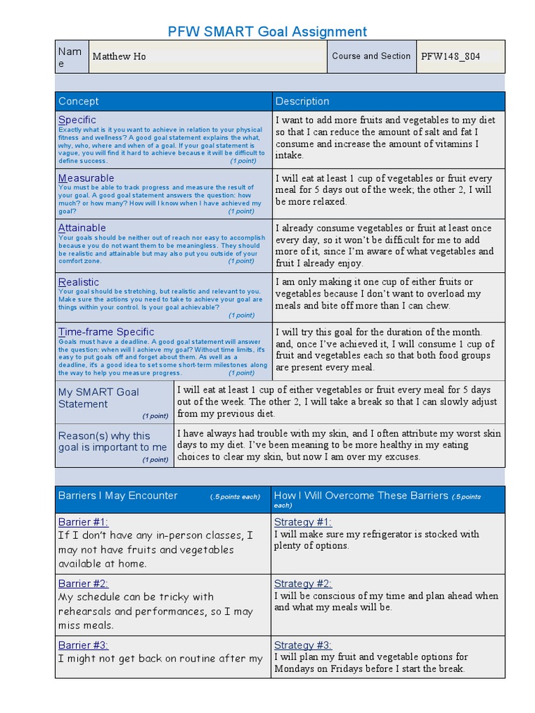 PFW SMART Goal Assignment: Concept Description | PDF | Goal | Vegetables