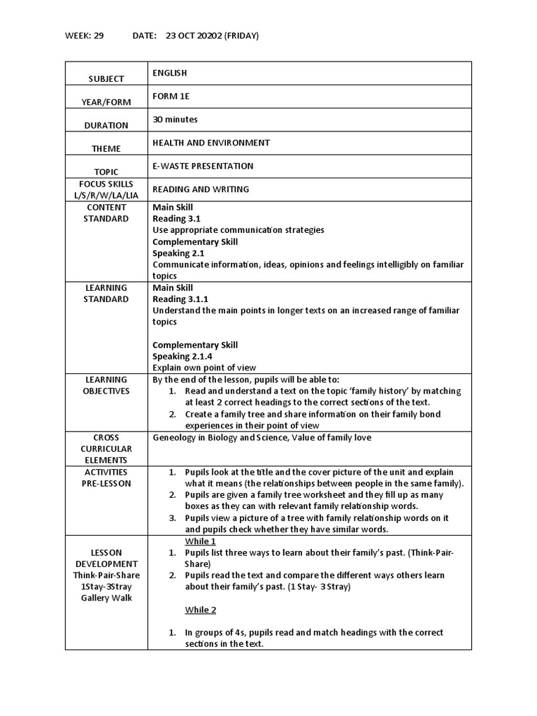Main Skill Reading 3.1 Complementary Skill Speaking 2.1 | PDF ...