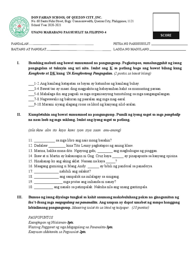 Long Test (Fil4) - T.Jel-1stQtrFINAL | PDF