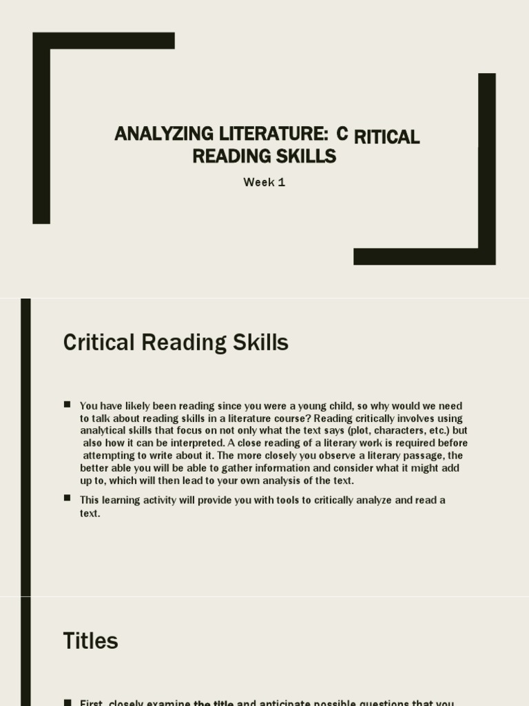 Ritical Analyzing Literature: C Reading Skills: Week 1 | PDF ...