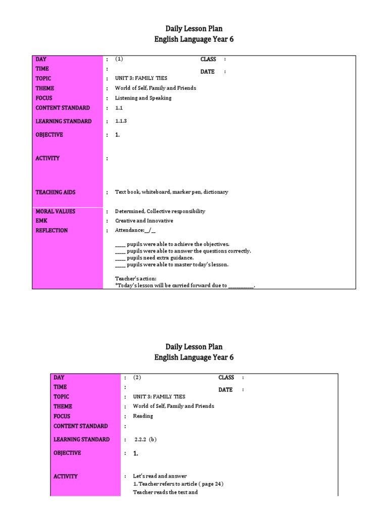 Daily Lesson Plan English Language Year 6 | PDF | Lesson Plan | Teachers