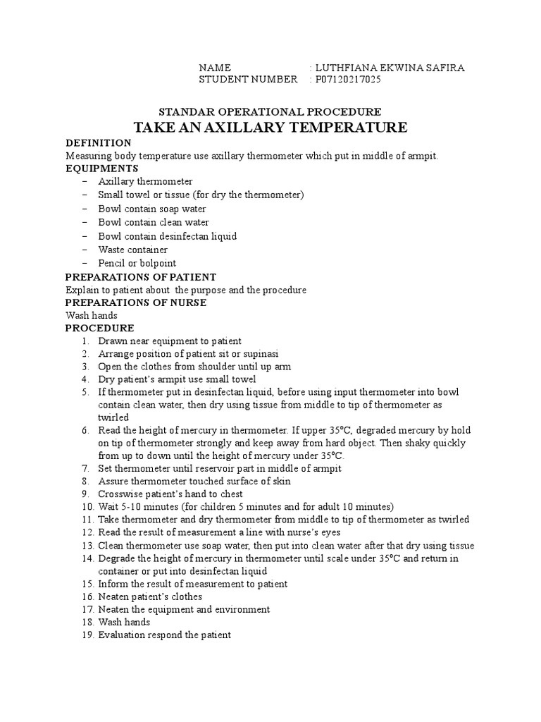 Take An Axillary Temperature: Standar Operational Procedure | PDF ...