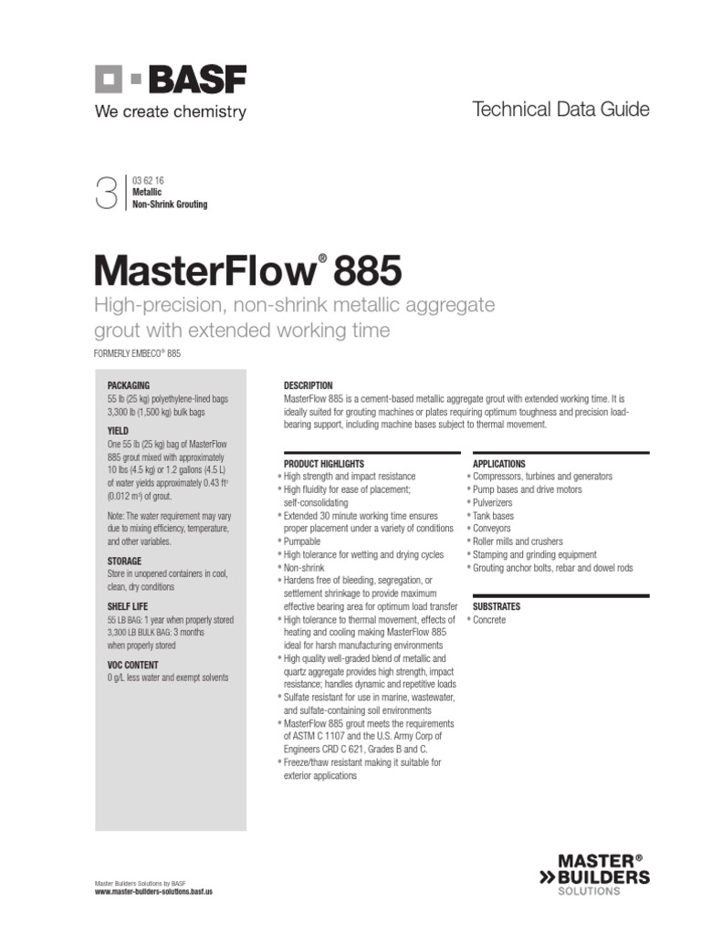 Basf Masterflow 885 Tds | PDF | Strength Of Materials | Concrete