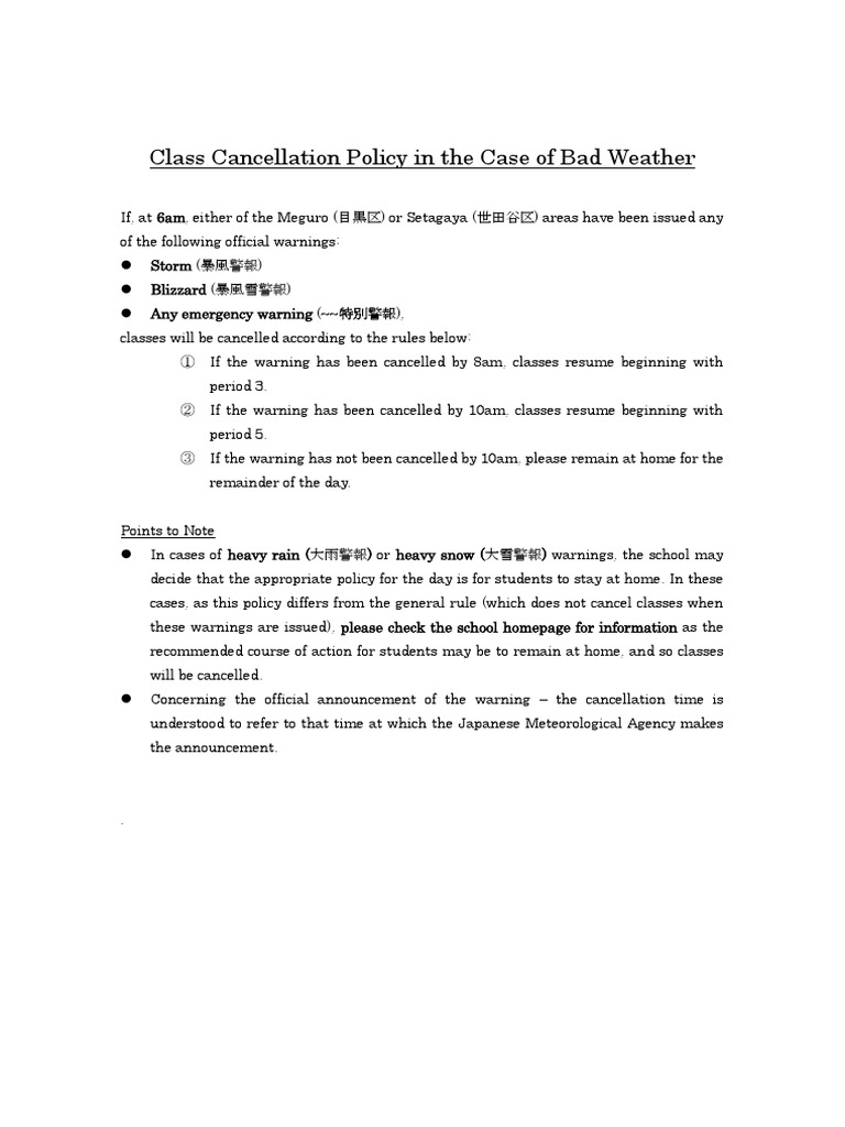 Class Cancellation Policy in The Case of Bad Weather | PDF