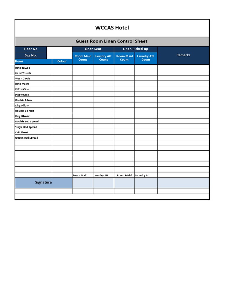 WCCAS Hotel: Guest Room Linen Control Sheet | PDF