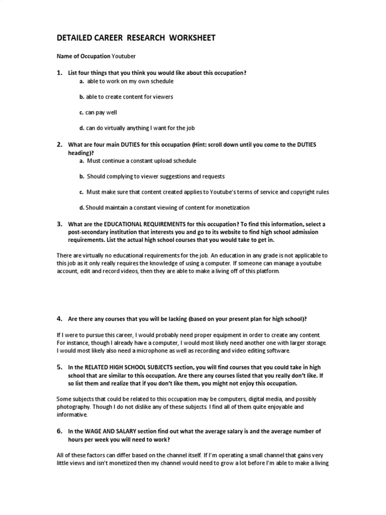 Detailed Career Research Worksheet | PDF | You Tube | Streaming Media