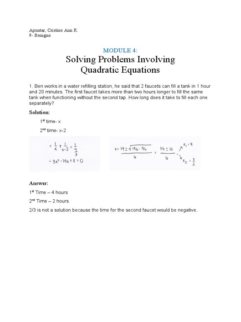 Solving Problems Involving Quadratic Equations: Solution | PDF