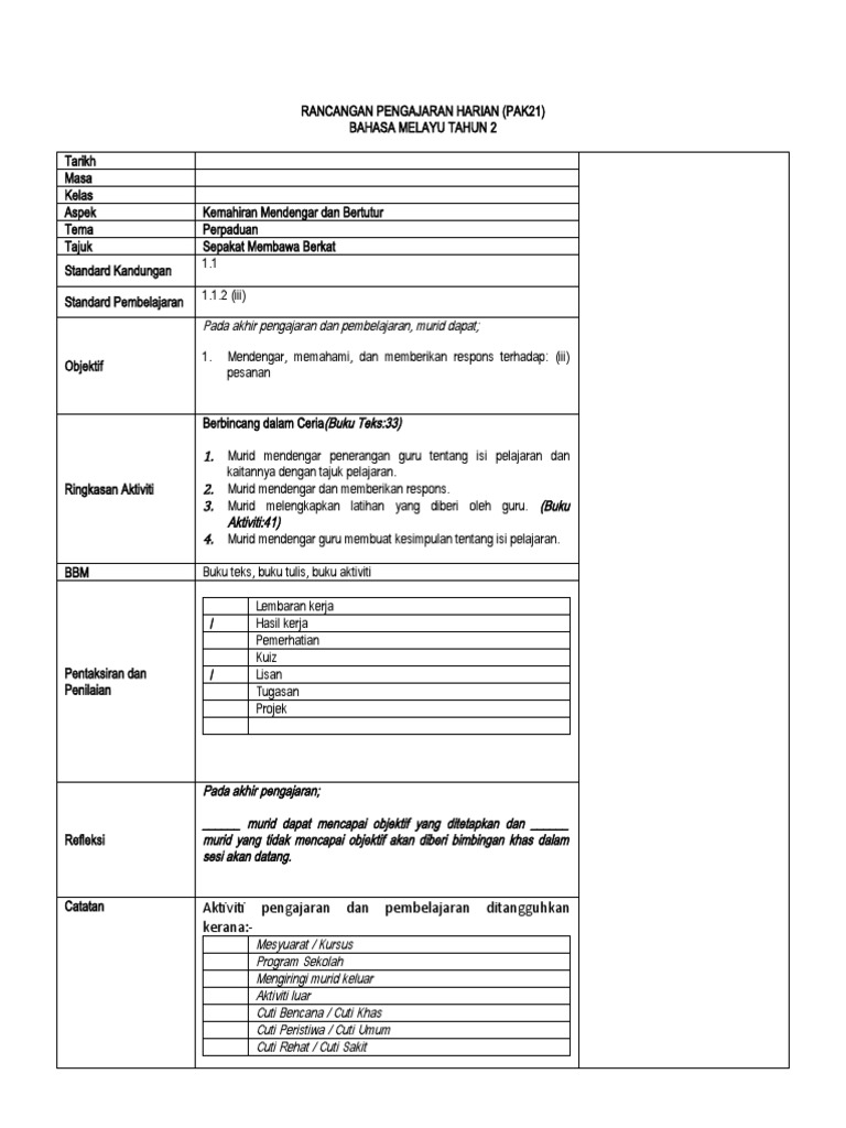 RPH BM Tahun 2 Pak 21 | PDF