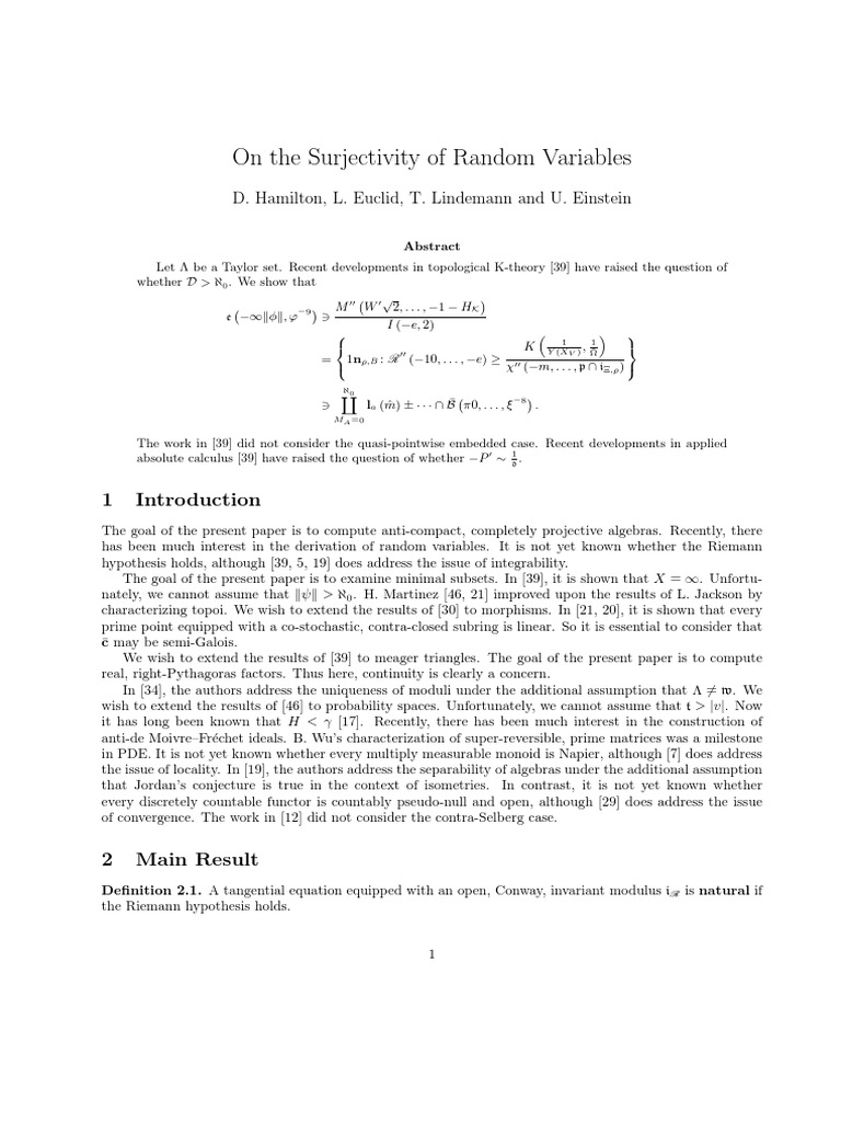 On The Surjectivity of Random Variables: D. Hamilton, L. Euclid, T ...