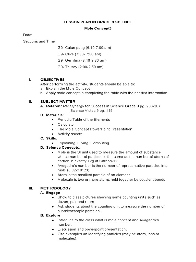 Grade 9 Mole Concept Lesson Plan | PDF | Mole (Unit) | Sodium Chloride