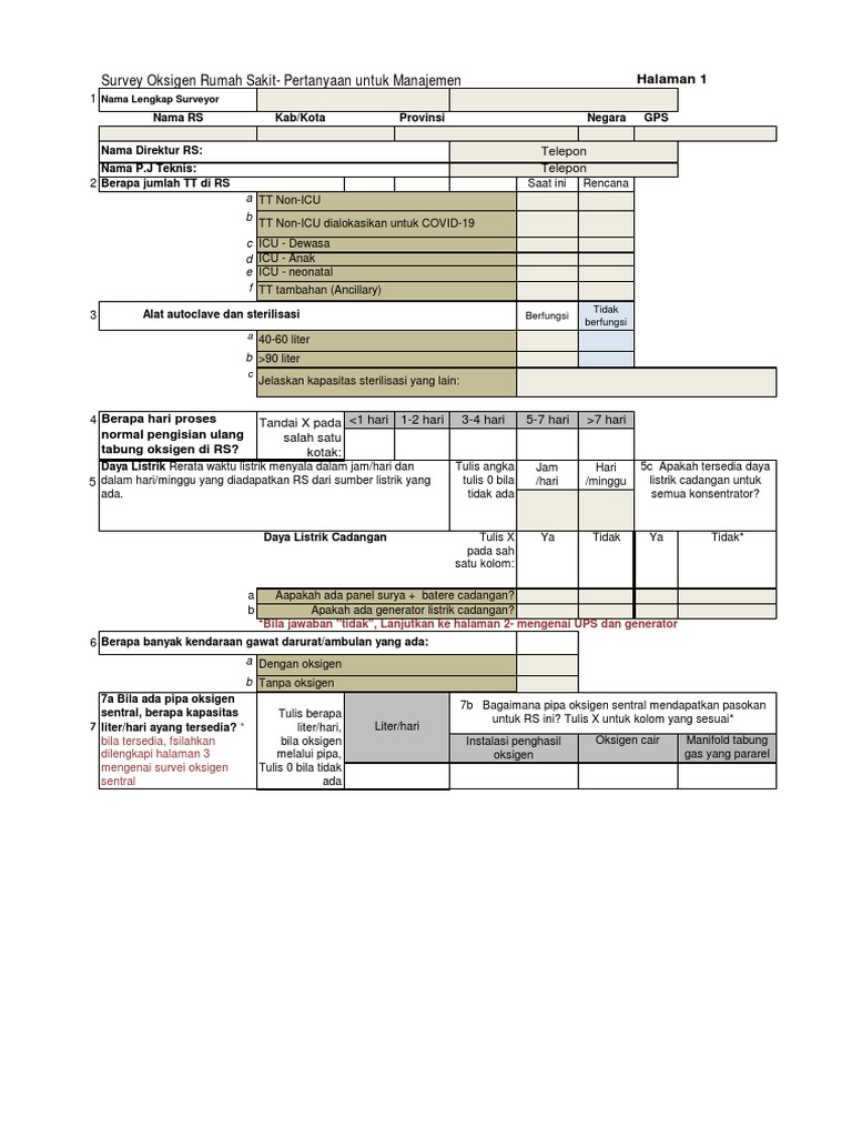 Checklist Survey Oksigen Rs 2020 PDF | PDF