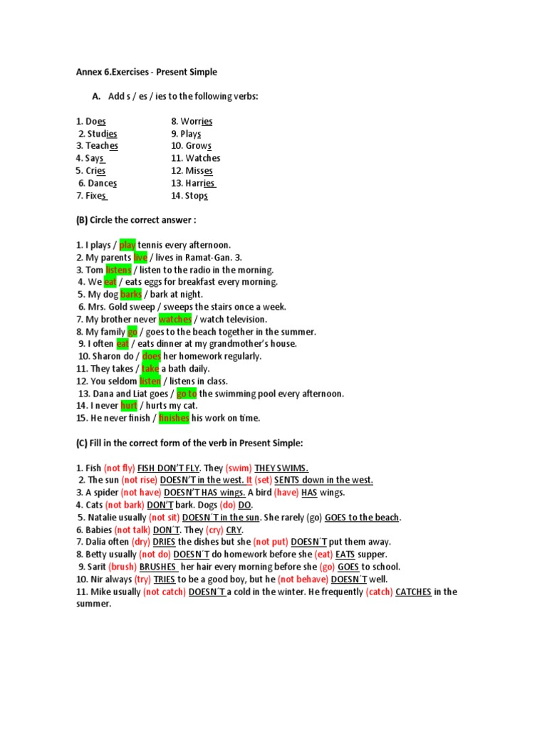Annex 6.exercises - Present Simple A. Add S / Es / Ies To The Following ...