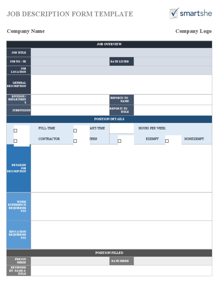 Job Description Form Template: Company Name Company Logo | PDF | Career ...