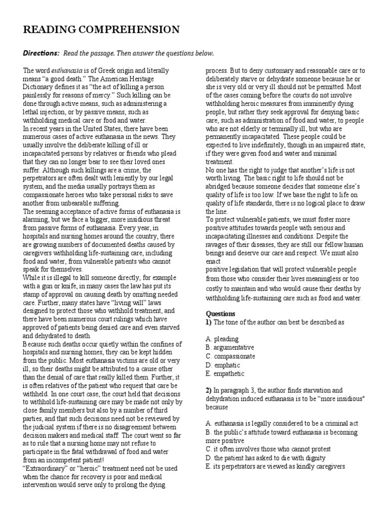 Euthanasia Reading Comprehension2 | PDF | Applied Ethics | Social ...