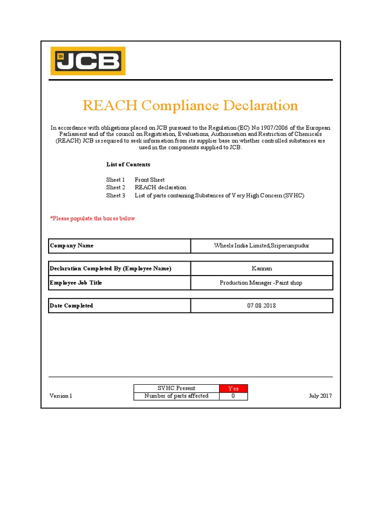 Reach Declaration Questionnaire V1 2 | PDF | Occupational Safety And ...