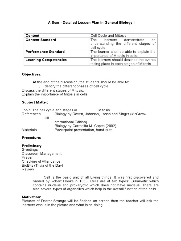 A Semi-Detailed Lesson Plan in General Biology I | PDF | Mitosis | Cell ...
