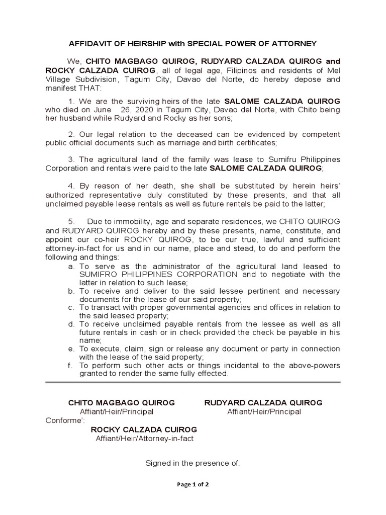 AFFIDAVIT OF HEIRSHIP With SPA | PDF | Power Of Attorney | Affidavit